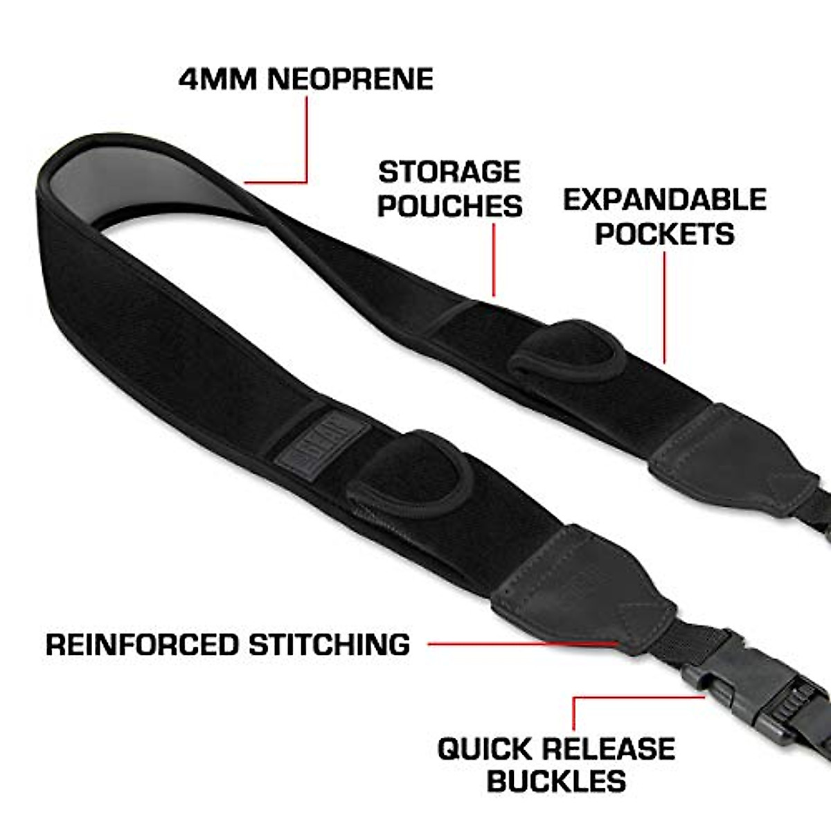USA Gear TrueSHOT Neck Strap Neoprene Camera Straps - Padded Camera Strap, Pockets, and Quick Release Buckles - Compatible with Canon, Nikon, Sony and More DSLR and Mirrorless Cameras (Black)