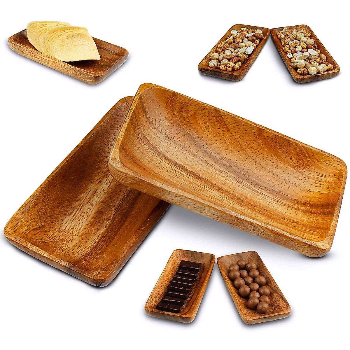 Acacia Handmade Wood Carved Plates - Set of 2 Calabash Bowls Size 6"x3" (Rectangle)