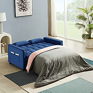 HABITRIO Loveseat with Pull-Out Sleeper Bed, Solid Wood Frame Blue Velvet Upholstered 55" 2-Seater Sofa Couch w/3-Position Reclining Backrest, 2 Side Pockets, 2 Pillows, Furniture for Living Room