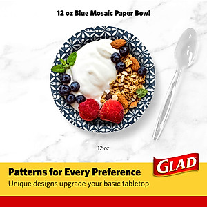 Glad Disposable Paper Bowls with Blue Mosaic Design, 16 Ounces, Soak Proof, Cut-Proof, Microwaveable, 300 Count | Strong and Heavy Duty Paper Bowls | Disposable Paper Bowls for Everyday Use