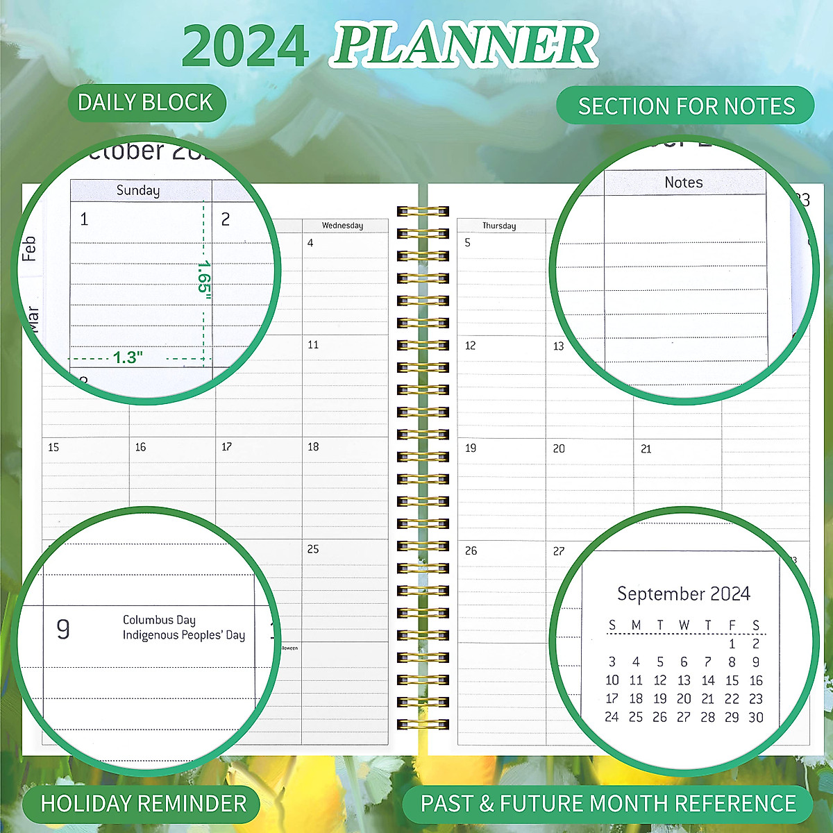 2024 Planner, Daily Weekly Monthly Planner with Tabs, 8.5" x 6.4", Hardcover, Elastic Closure, Inner Pocket, Floral Agenda Organizer & Calendar Jan 2024 to Dec 2024, Green Flower