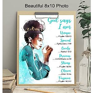 Bible Verse Wall Art & Decor - African American Women - God Says You Are - Inspirational Motivational Poster - Religious Christian Scripture Encouragement Gifts - Black Girls Bedroom - Blue - 8x10