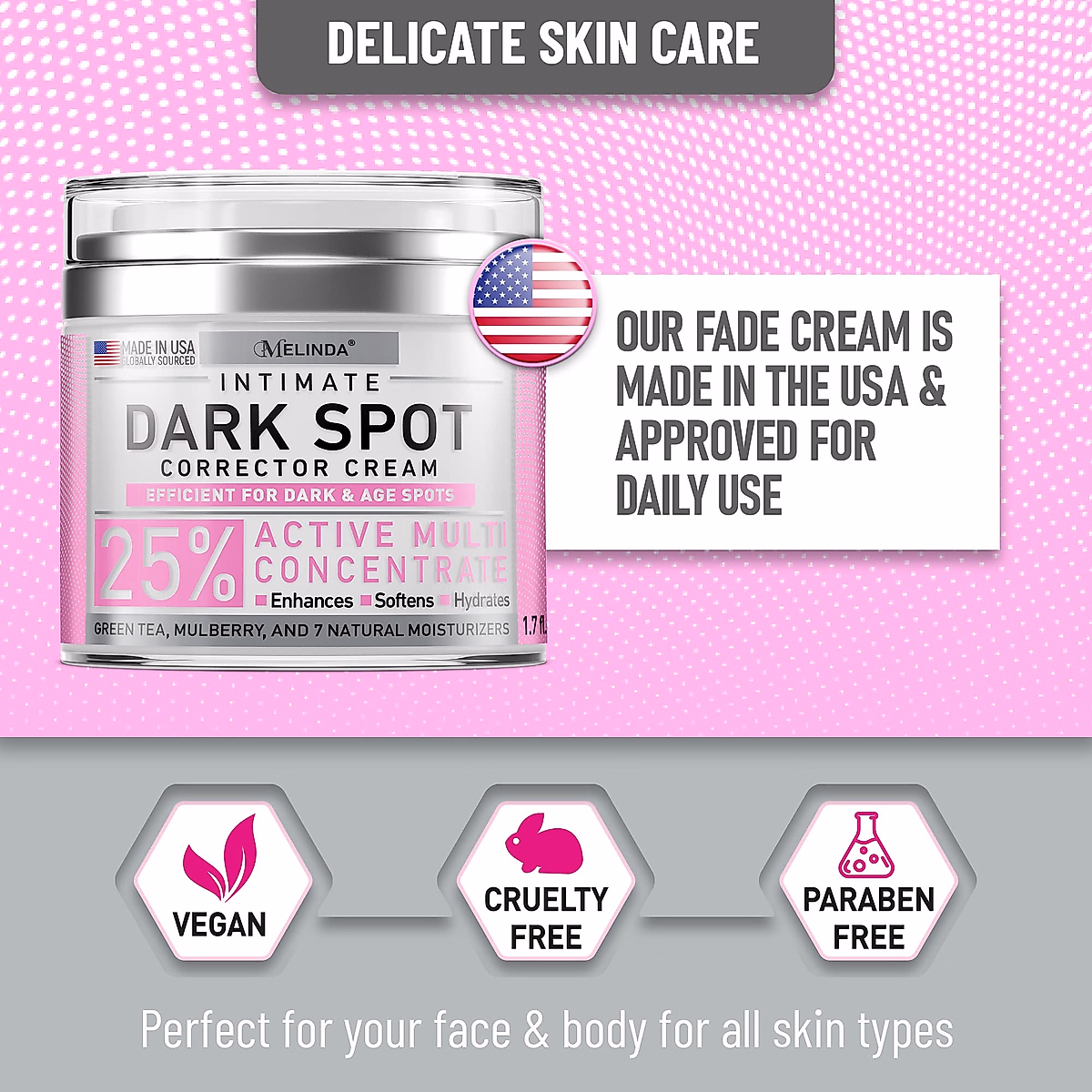 Dark Spot Corrector Cream for Face, Body & Sensitive Areas - Made in USA - Dark Spot Remover with Arbutin & Hyaluronic Acid - Even Skin Tone - 1.7 Oz