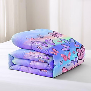 GRAT TIOC Girls Rainbow Butterfly Comforter Set Twin Size,Teen Girls Butterfly Bedding Set,Glitter Butterfly Bed Set Soft Lightweight Microfiber Bedroom Decorations with 2 Pillowcases