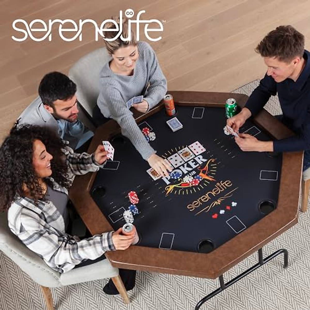 SereneLife 8- Player Octagonal Foldable Poker Table, Casino Leisure Texas Holdem Table, w/ water Resistant Cushioned Rail, 8 Cup Holders, Brown Felt Surface, Black Jack Board & Family Games (Black)