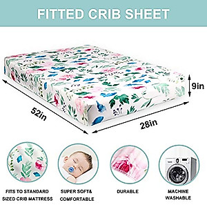 HOMRITAR Crib Sheet for Girls, Super Soft Jersey Knit Crib Sheet with Floral Design Fitted Standard Crib and Toddle Mattresses, 28"x 52"x 9'' Silky Baby Sheet, Bluch Watercolor