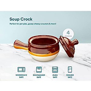 French Onion Soup Crocks with Lids, by Kook, Ceramic Bowls, Large Handles, Dishwasher, Microwave, Oven & Broil Safe, Brown/White, Set of 4, 15 oz, Puebla Collection