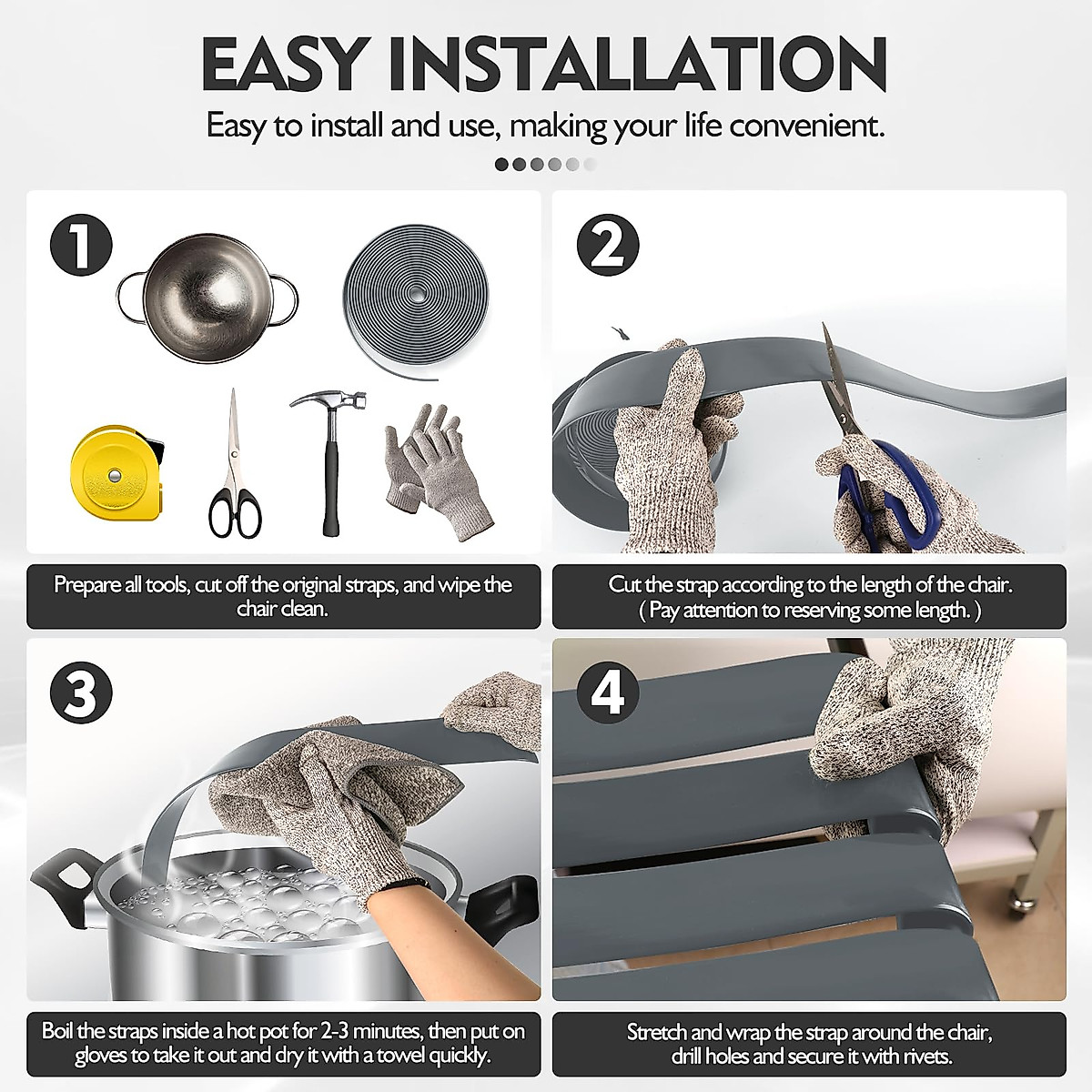 LukLoy Grey Vinyl Straps for Patio Chairs Repair, 2" Wide 20ft Long Patio Garden Furniture Replacement Straps with 20 Rivets