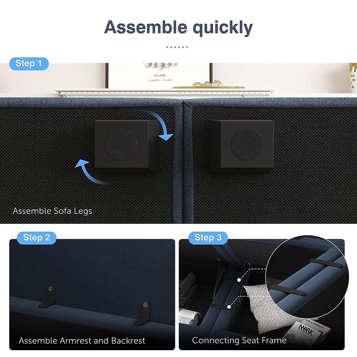 HONBAY Velvet Modular Sofa Couch with Chaise Oversized U Shaped Sectional Sofa Reversible Modular Sofa Bed with Storage Seats, Dark Blue