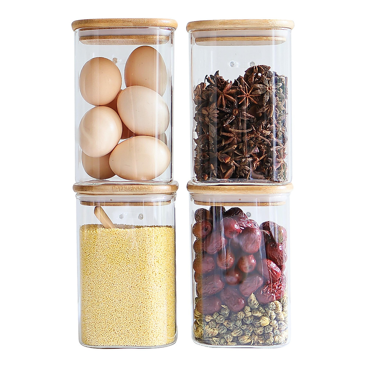 Hiiaos Glass Food Storage Containers Airtight - 40oz Glass Food Storage Jar 4 Pack Kitchen Canisters Clear Container with Sealing Bamboo Lids Spoon for Coffee Bean Cookie Sugar Tea Spices Dry Foods