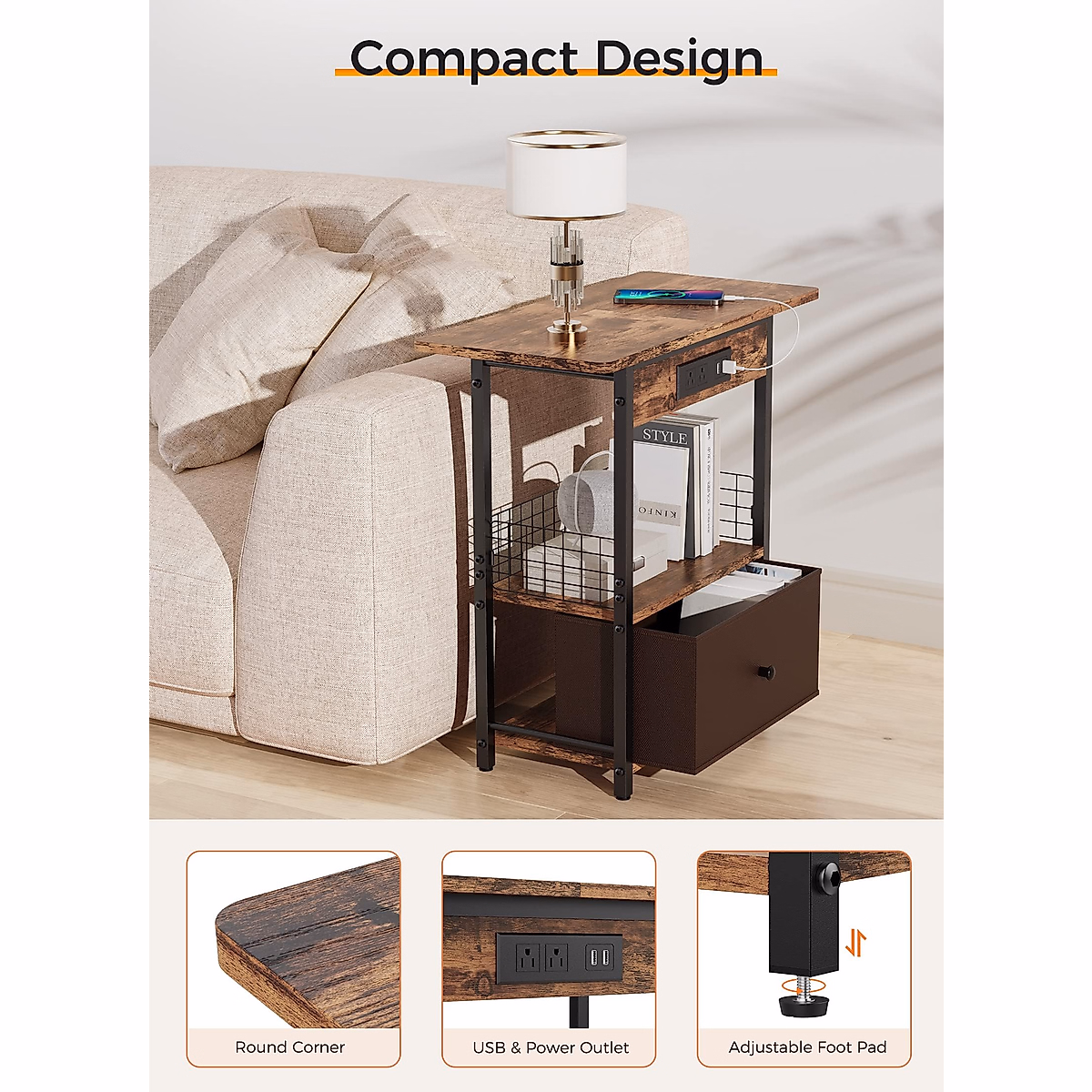 GiveBest End Table with Charging Station, Narrow Side Table with USB Ports and Outlets, Sofa Couch Table for Small Spaces, Slim Bedside Table Nightstand with Storage for Living Room Bedroom Office