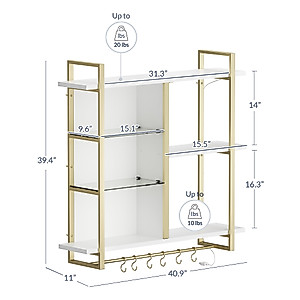 BELLEZE Gaming Floating Shelves, 40" LED Display Shelves Wall Mounted 4 Tier Storage Rack, Wooden Hanging Shelf with 6 Hooks, Wine Coffee Bar Rack for Kitchen Organization and Home Decor