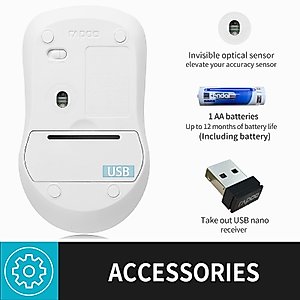Rapoo 1680 Silent Wireless Mouse, 2.4GHz Cordless Mouse with USB Receiver, 1K DPI, 3 Buttons Computer Mouse with 12M Battery Life, Ambidextrous Computer Mice for PC/Tablet/Laptop, White