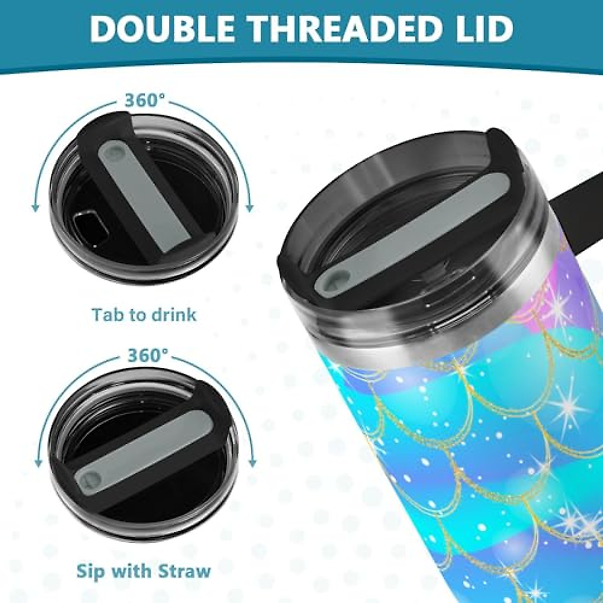Yasala Car Tumbler with Handle Fantasy Magic Mermaid Scales Glitter Travel Mug Coffee Cup Insulated Beverage Container Mega Cup for Hot Cold Drinking Thermos Water Bottle Cupholder Friendly 40 oz