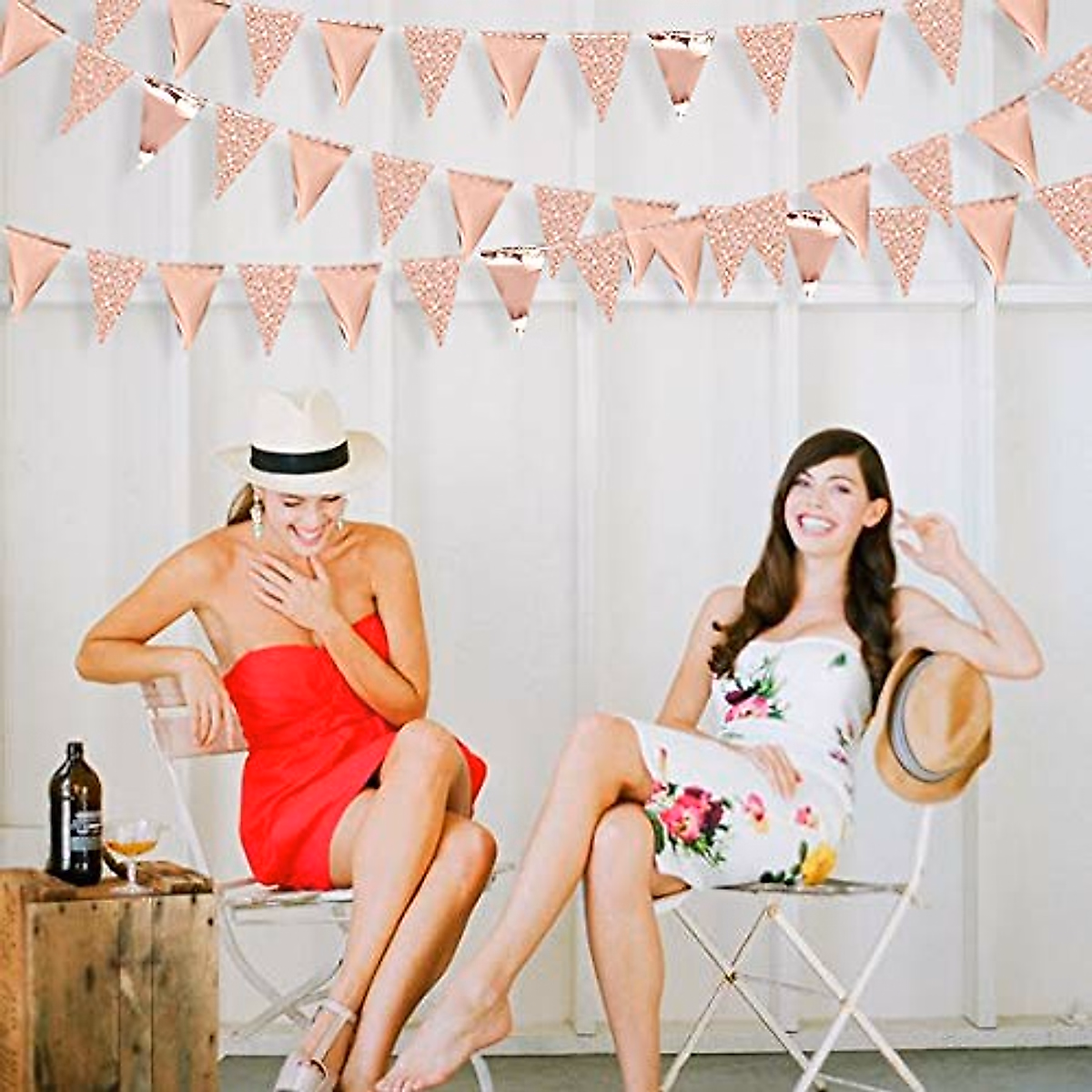 30 Ft Rose Gold Double Sided Glitter Metallic Paper Triangle Flag Pennant Bunting Banner for Wedding Birthday Holiday Festivals Anniversary Bridal Shower Hen Party Theme Party Decorations Supplies