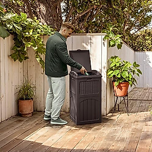 YESHOMY 33 Gallon Resin Outdoor Trash Can with Lid, Hideaway Waterproof Patio Garbage Bin, Dark Brown
