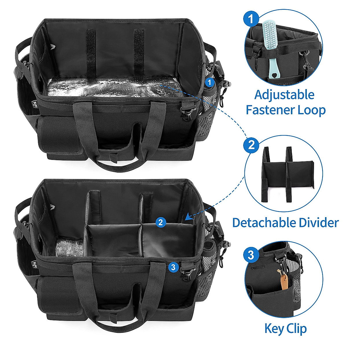 LoDrid Large Wearable Cleaning Caddy Bag with Detachable Divider, Cleaning Organizer with Handles, Cleaning Supply Tote with Adjustable Shoulder Strap for Cleaners & Housekeepers, Black