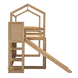 Merax Twin Size House Loft Bed with Slide and Storage Shelves, Wood Loft Bed for Boys & Girls (Natural)