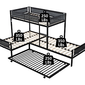 Tmsan Metal Triple Bunk Bed with Trundle for Kids, L Shaped Twin Over 2 Twin 3 Bunk Beds Heavy Duty Quad Bunk Beds for 4 Teens Adults Toddlers