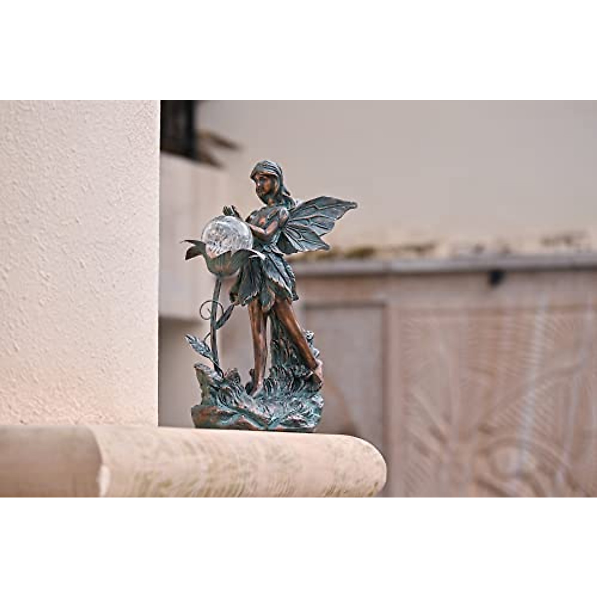 TERESA'S COLLECTIONS Large Garden Fairy Outdoor Statue, Solar Garden Sculptures & Statues with Crackle Glass Globe, Bronze Patina Garden Art for Lawn Patio Balcony Decor 13.2 inch