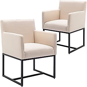 Wahson Set of 2 Linen Upholstered Modern Dining Chair with Arm, Contemporary Dining Room Chair with Black Metal Base, Cream Linen & Black Legs