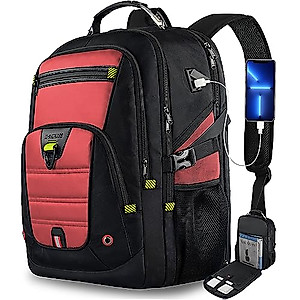 Extra Large Laptop Backpack, Travel Backpack 50L, Waterproof Computer Backpack with USB Port, TSA Approved Business Bag for Men Women Teacher, Heavy Duty Backpack Fits 17.3 Inch Laptop & Notebook, Red