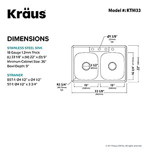 Kraus KTM33 33 inch Topmount 50/50 Double Bowl 18 gauge Stainless Steel Kitchen Sink
