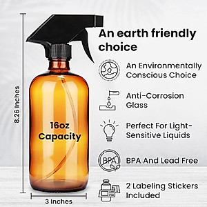 Chef's Star Amber Glass Bottles, Glass Spray Bottles for Cleaning Solutions, Plants, Hair Care, Kitchen, Empty, Reusable Misting Spritzer with 2 Adjustable Spray Settings, 16 Oz, Pack of 2