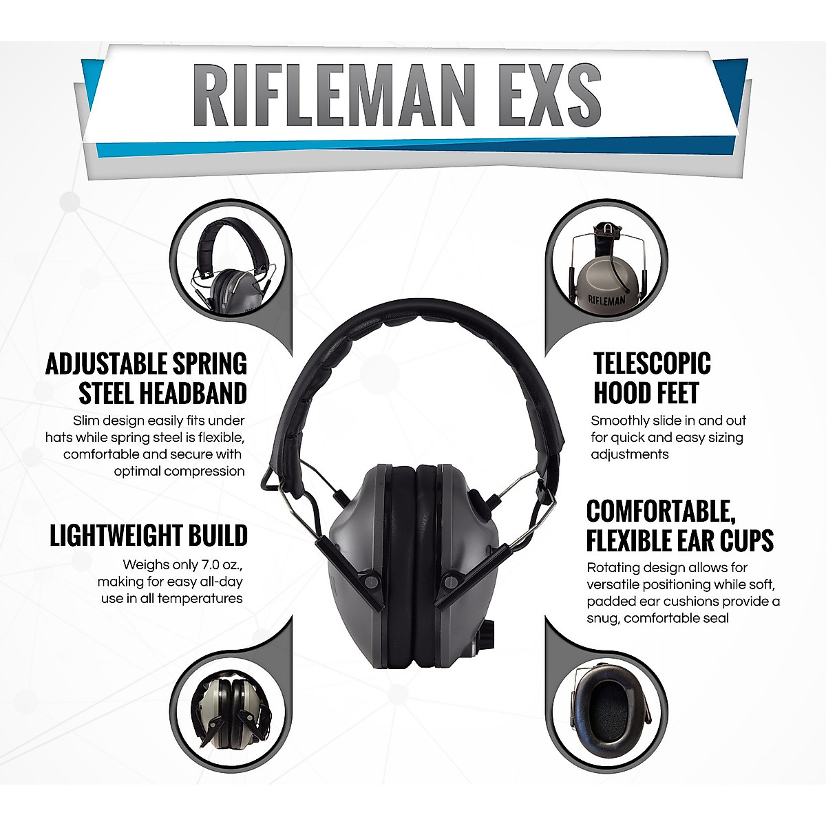 BenchMaster Rifleman EXS Electronic Hearing Protection for Shooting and Construction- Adjustable Folding Low Profile Design - NRR 20 - Ear Muffs