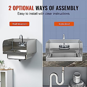 VEVOR Commercial Hand Sink with Faucet and Side Splash, NSF Stainless Steel Sink for Washing, Small Hand Washing Sink, Wall Mount Hand Basin for Restaurant, Kitchen, Bar, Garage and Home, 17x15 inch