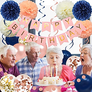 Navy Blue Rose Gold Birthday Decorations for 1st 16th 18th 21th 25th 30th 35th 40th 50th 60th 70th Birthday, Happy Birthday Banner, Navy Blue Rose Gold Birthday Party Supplies