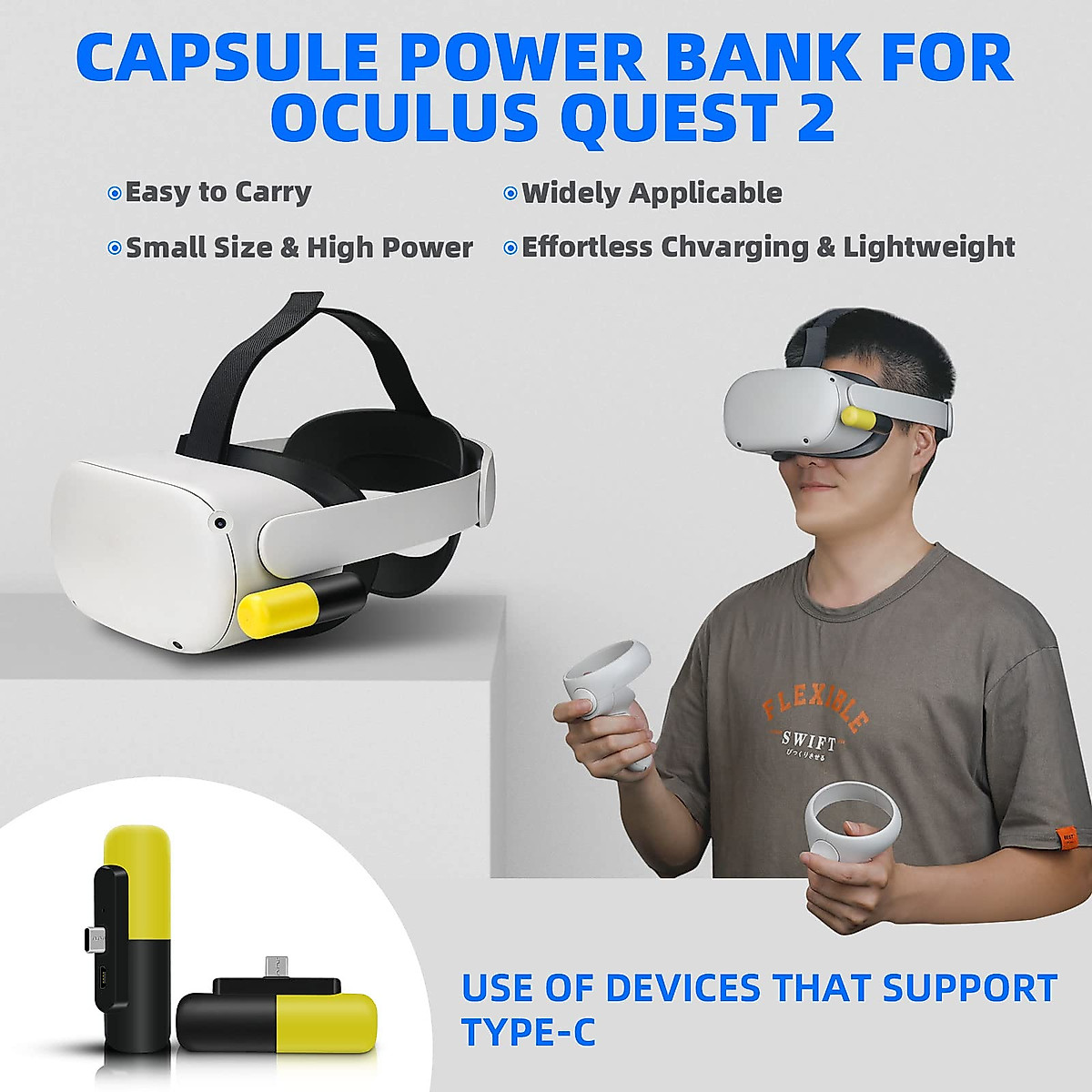 RCGEEK Capsule Power Bank for Oculus Quest 2 Accessories Battery Pack, 3300mAh Small Qculus Quest 2 Battery Pack Portable Charger, Ultra Compact & Lightweight, Extra Play Time