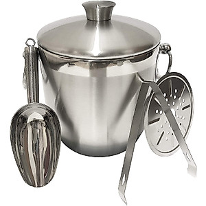 Ice Bucket Double Wall Insulated- Well Made Champagne &Wine Bucket Keeps Ice Frozen Longer - 3 Liter Stainless Steel Ice Bucket with Lid, Tongs,Scoop