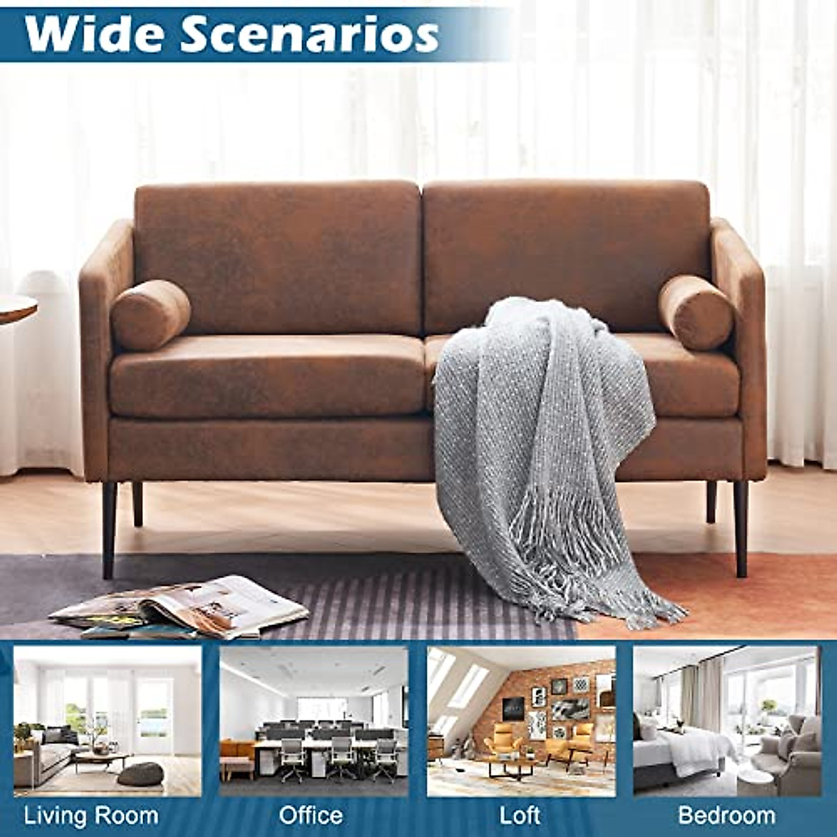 VINGLI 52"W Deep Couches for Living Room, Mini Modern Mid Century Tufted Futon Sofa Loveseat Retro/Vintage Microfiber 2 Club Seater Love Seat Sofas for Bedroom, Office, RV, Loft, Small Spaces, Rustic