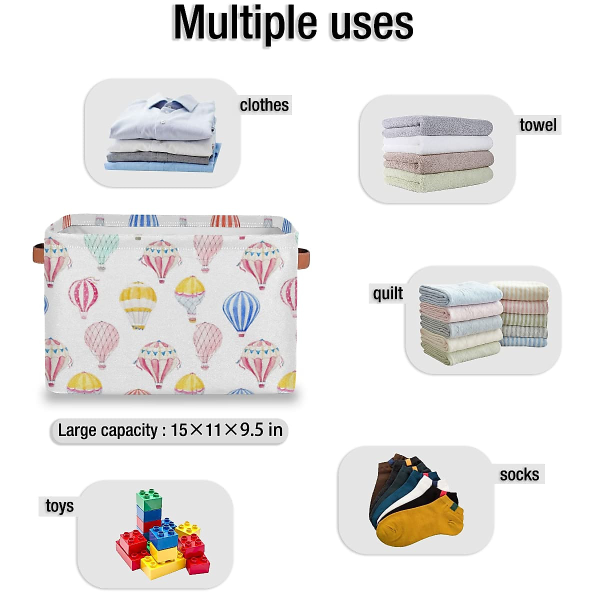 Fabric Storage Bins Hot Air Balloon Cute Small Shelf Basket With Handles Decorative Cubes Box Organizer Containers for Shelves Home Office Decor