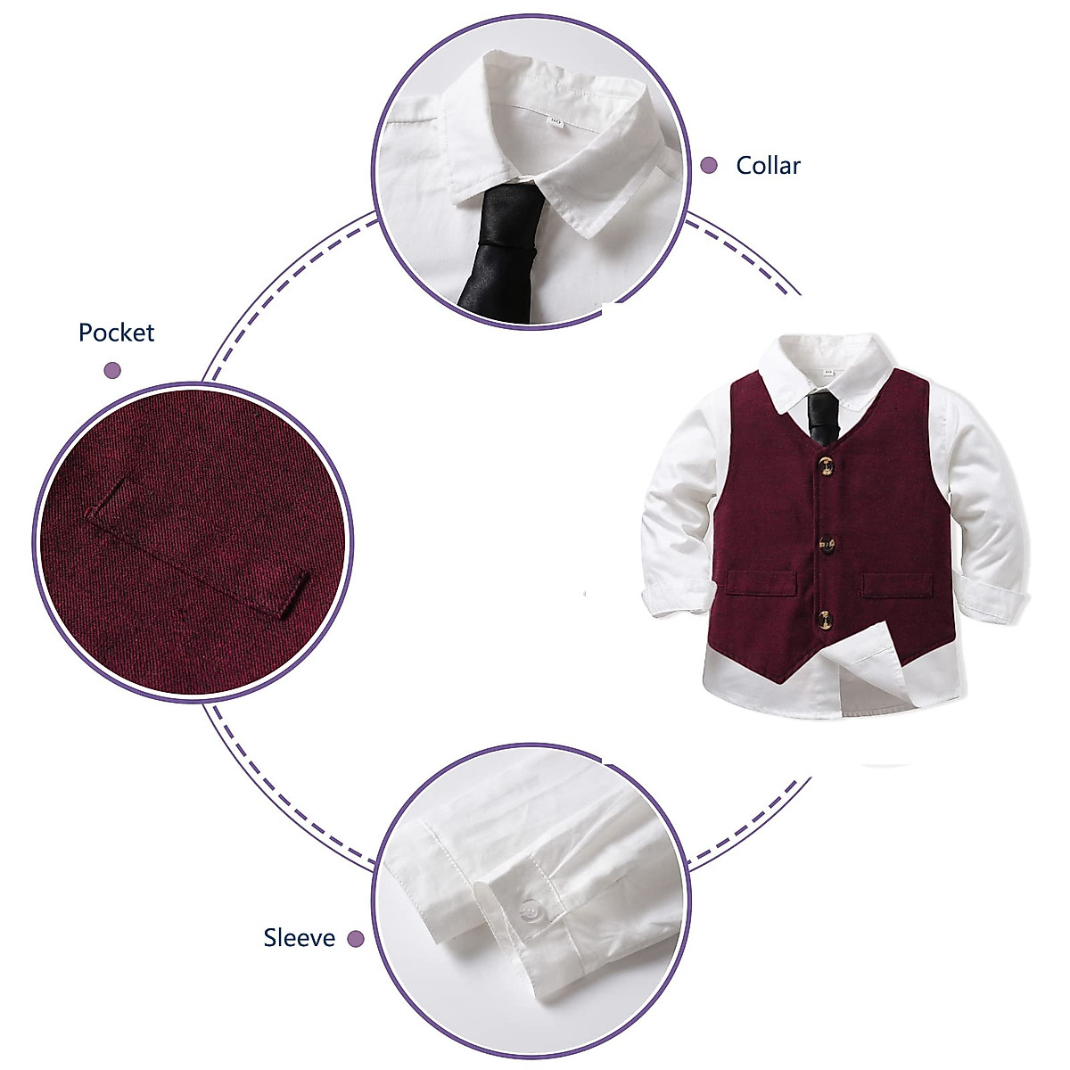 Toddler Kids Suits Baby Boys Dress Outfits 5Pcs Shirt & Suspender Pants & Vest Set with Necktie, 2-8 Years