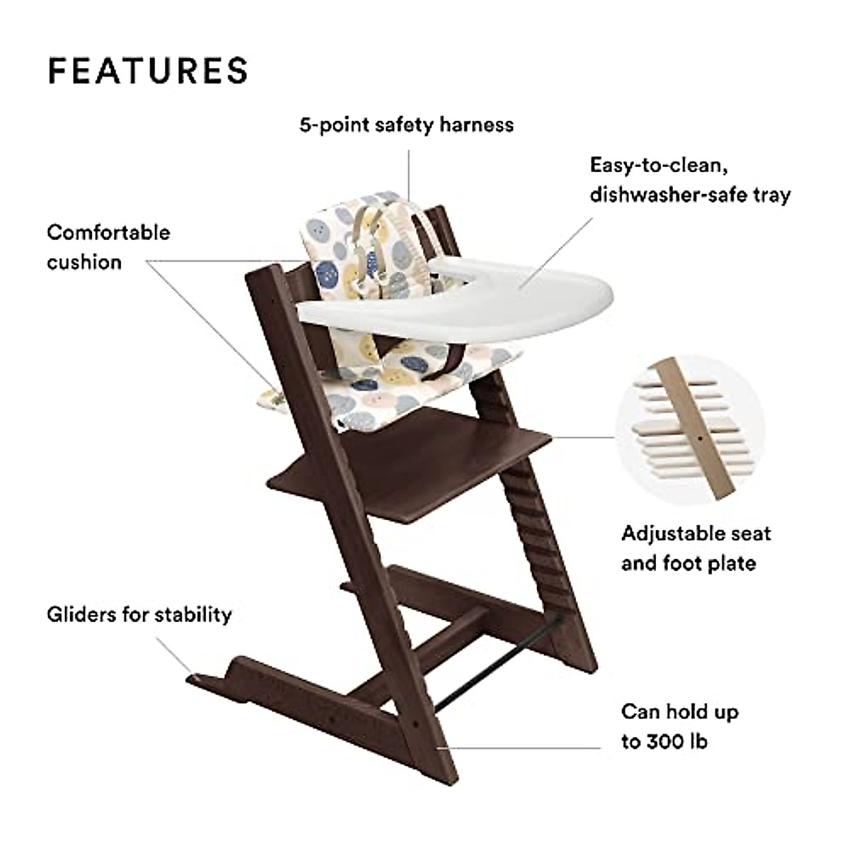 Tripp Trapp High Chair and Cushion with Stokke Tray - Walnut with Soul System - Adjustable, Convertible, All-in-One High Chair for Babies & Toddlers