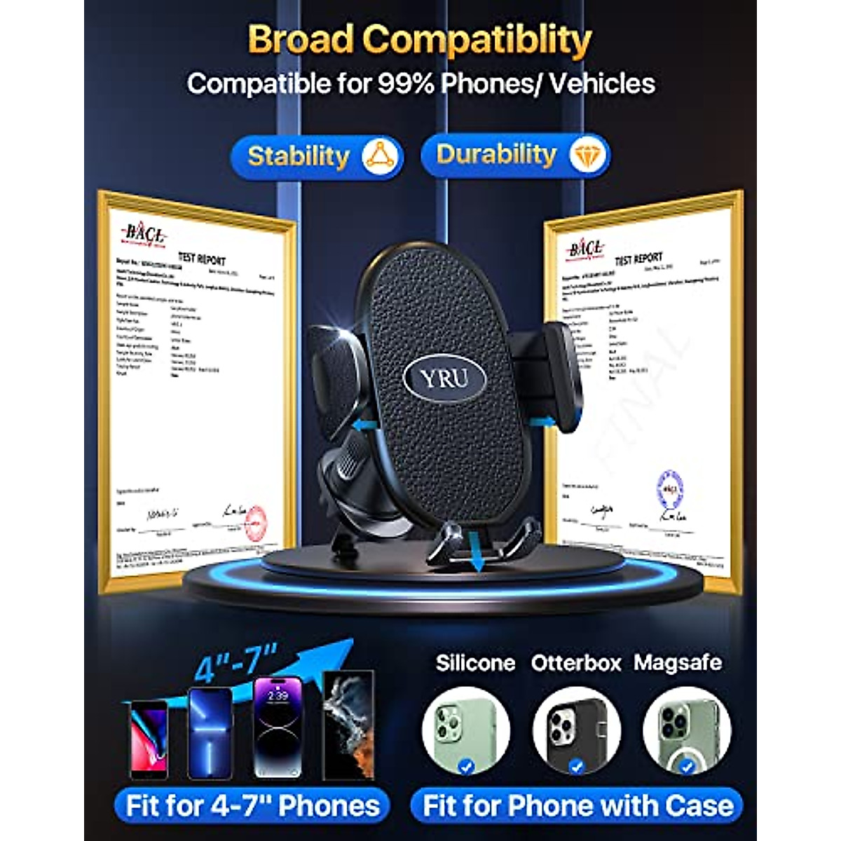 YRU Phone Mount for Car Vent [Upgraded Steel Clip], Sturdy Adjustable Shockproof Car Phone Holder, Handsfree Cell Phone Stand Cradle for iPhone 14 13 Pro Max, Samsung Universal Cellphone, Pickup Truck