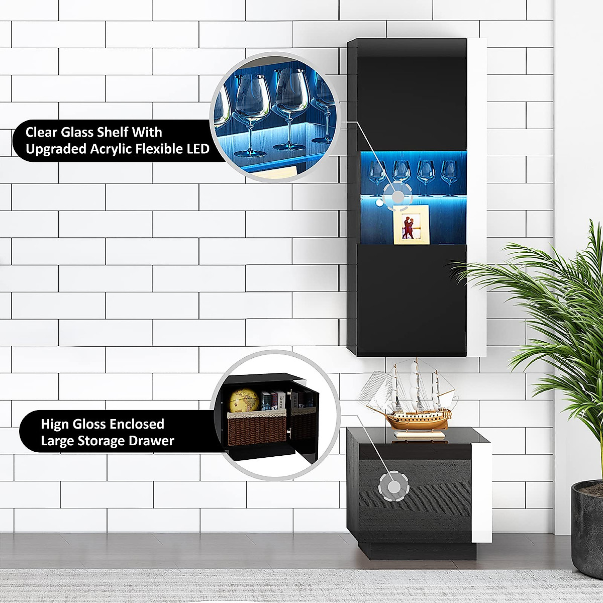 AMERLIFE Wall Unit Entertainment Center with Fireplace and Bookshelves, Includes 70" 2-Tier Fireplace TV Stand, 2 x Wall Cabinets & 2 x End Tables, Modern LED Lights TV Console for Living Room, Black