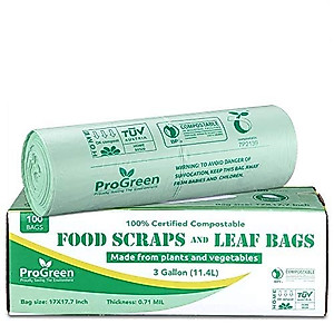 ProGreen Compostable Trash Bags 3 Gallon, Extra Thick 0.71 Mil, 100 Count, Small Kitchen Compost Bin Bags, Food Scraps Yard Waste Bags, Compost ASTM D6400 BPI and TÜV AUSTRIA Certified