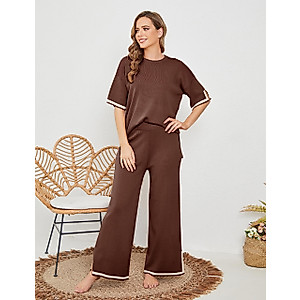 Tanming Sweater Sets Women 2 Piece Lounge Sets Short Sleeve Knit Pullover Tops Wide Leg Pants (Brown-M)