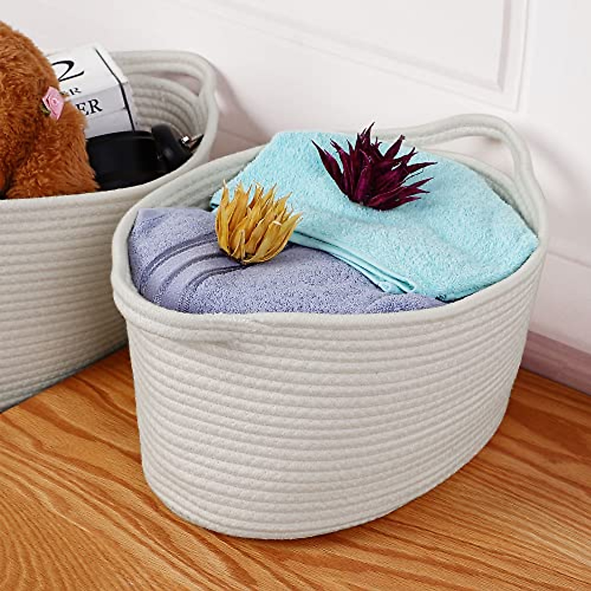 uxcell Storage Basket Bin Set 2 Pack, Foldable Woven Storage Basket Sturdy Cotton Rode Container Collapsible Organizer with Handles for Home Bedroom Office Closet Storage White