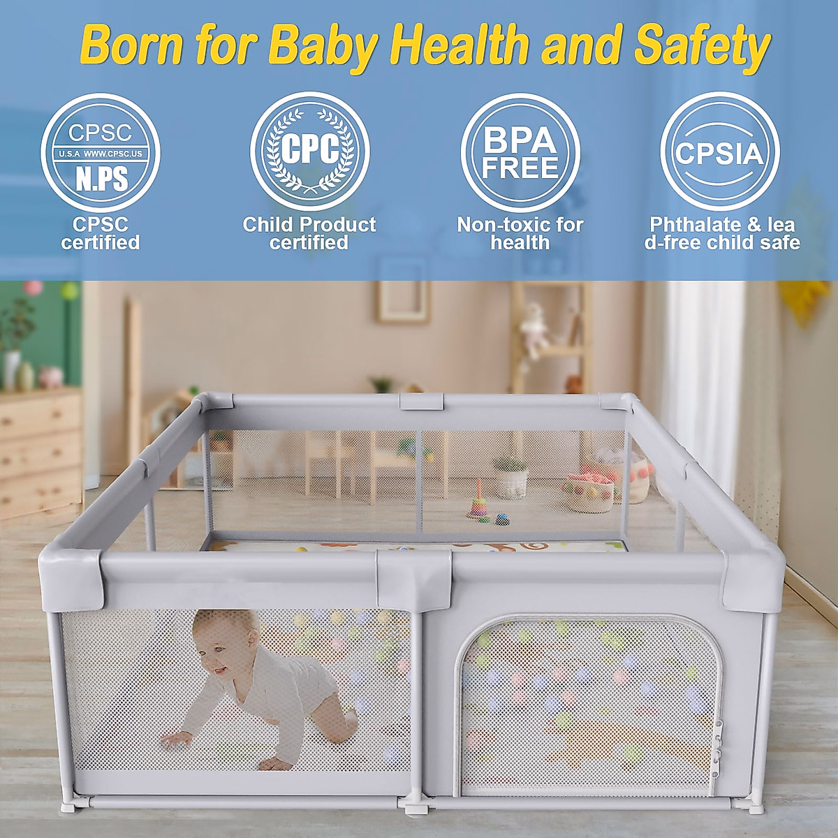 Large Baby Playpen Palopalo Playard for Toddlers with Gate 50''x50'' Indoor & Outdoor Play Pen, Baby Toys 0-6 to 12 Months Infants Sturdy Safety Activity Center with Anti-Slip Base, Gray