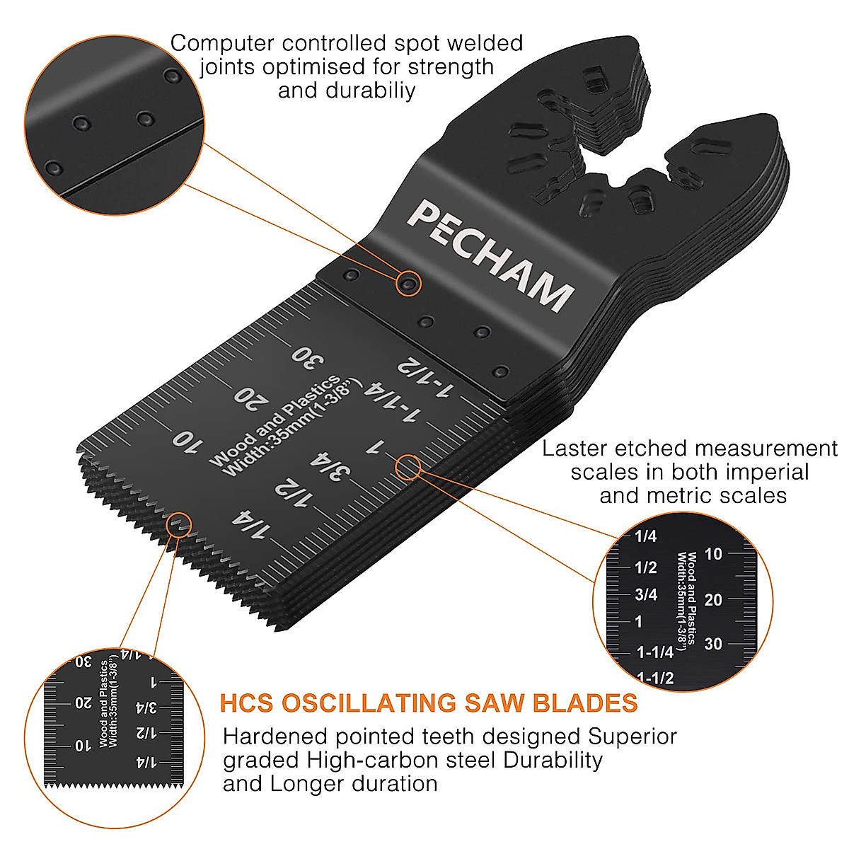 PECHAM 45PCS Universal Wood Oscillating Multitool Quick Release Saw Blades Fit Porter Cable Black & Decker Rockwell Ridgid Ryobi Milwaukee DeWalt Chicago Craftsman