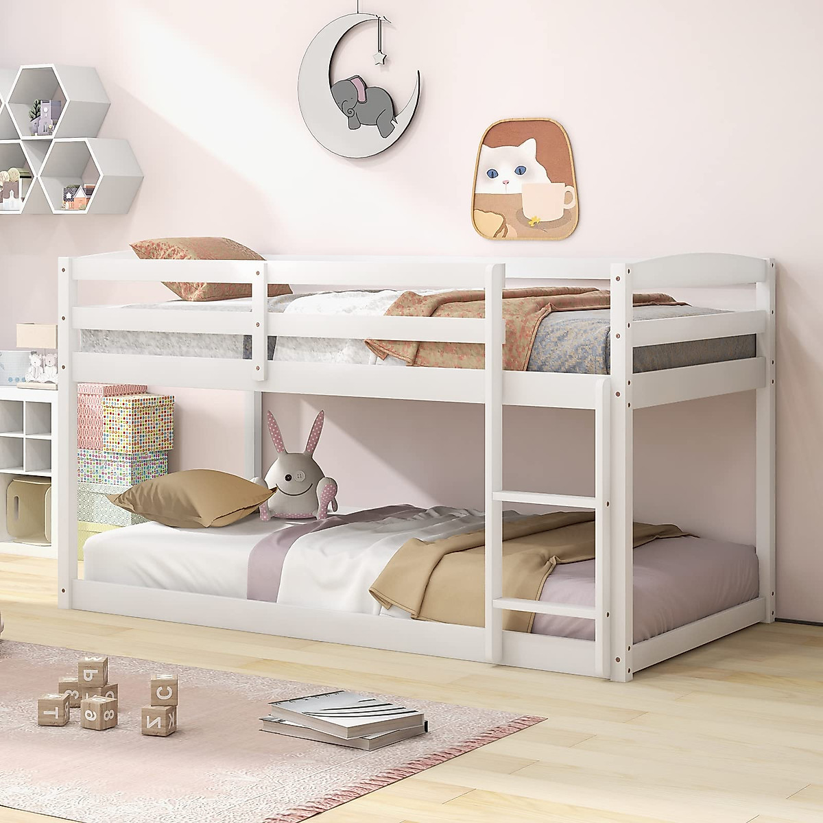 Giantex Twin Low Bunk Bed, Solid Wood Twin Over Twin Bunk Bed Frame with Full Guardrails & Integrated Ladder, Floor Twin Bunk Beds for Kids Boys and Girls, No Box Spring Needed, White