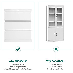 YITAHOME 3 Drawer Lateral File Cabinet with Lock, Metal Stainless Steel Wide Lateral Filing Cabinet for Legal/Letter A4 Size, Office Organizer Storage Cabinet,White