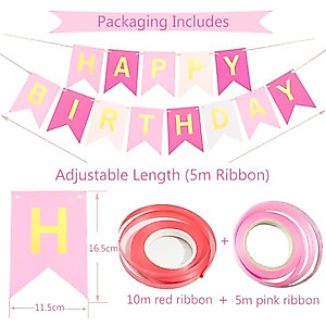 Pink Birthday Decorations, Happy Birthday Banner, Pink Birthday Balloons Decorations, 16 pcs 12 inch Happy Birthday Balloons with 2 Ribbons for Girl and Women Birthday Party Decoration