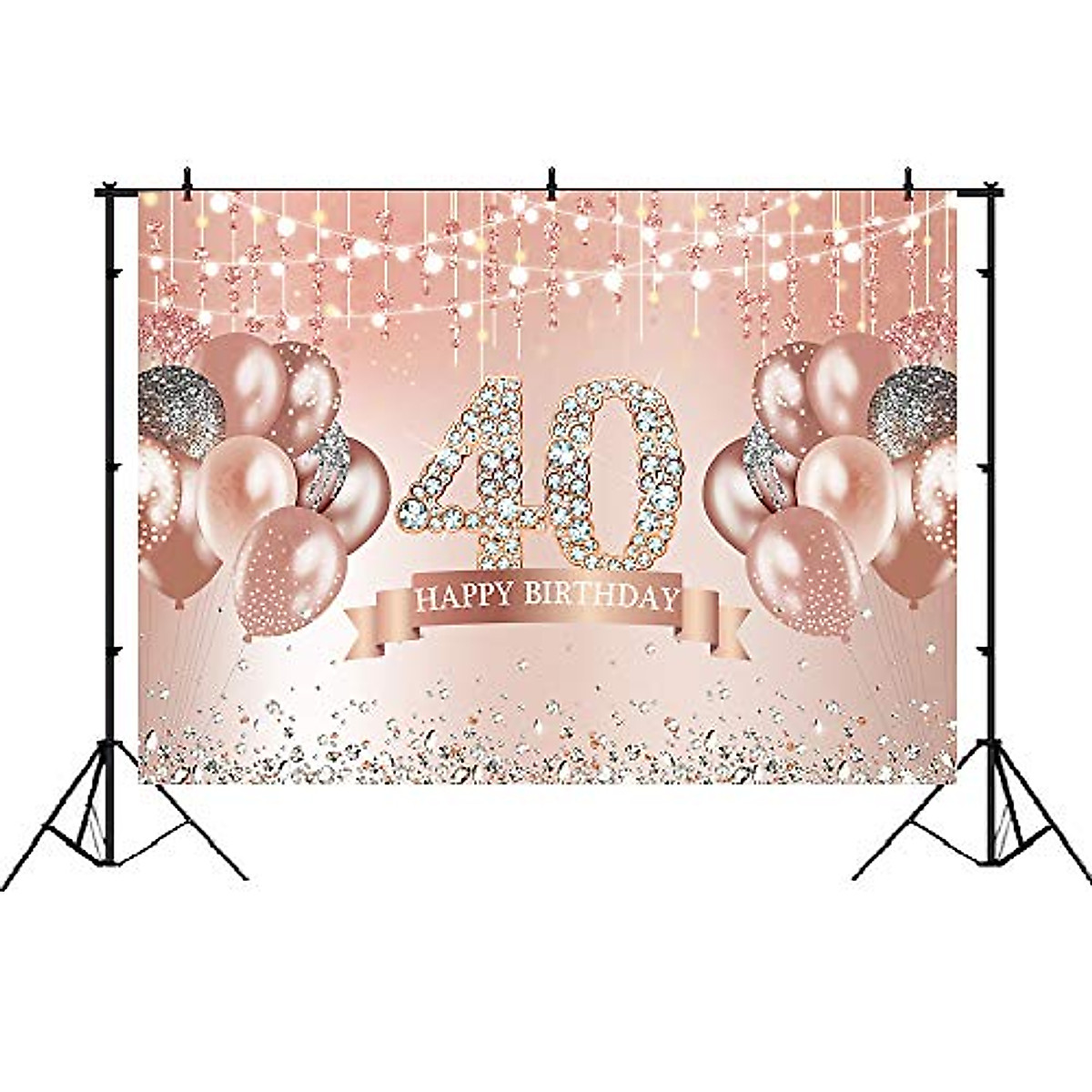 Lofaris Rose Gold Happy 40th Birthday Backdrop Shiny(Not Gliiter) Diamonds and Balloons Lights Birthday Background Forty Years Old Age Women Birthday Party Decorations Cake Table Banner 7x5ft Vinly