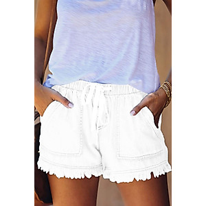 YOCUR Women's Denim Shorts Flowy Fashion Board Shorts Elastic Waist Tassel Distressed Shorts Drawstring Boxer Shorts Juniors Lounge Jean Shorts White M
