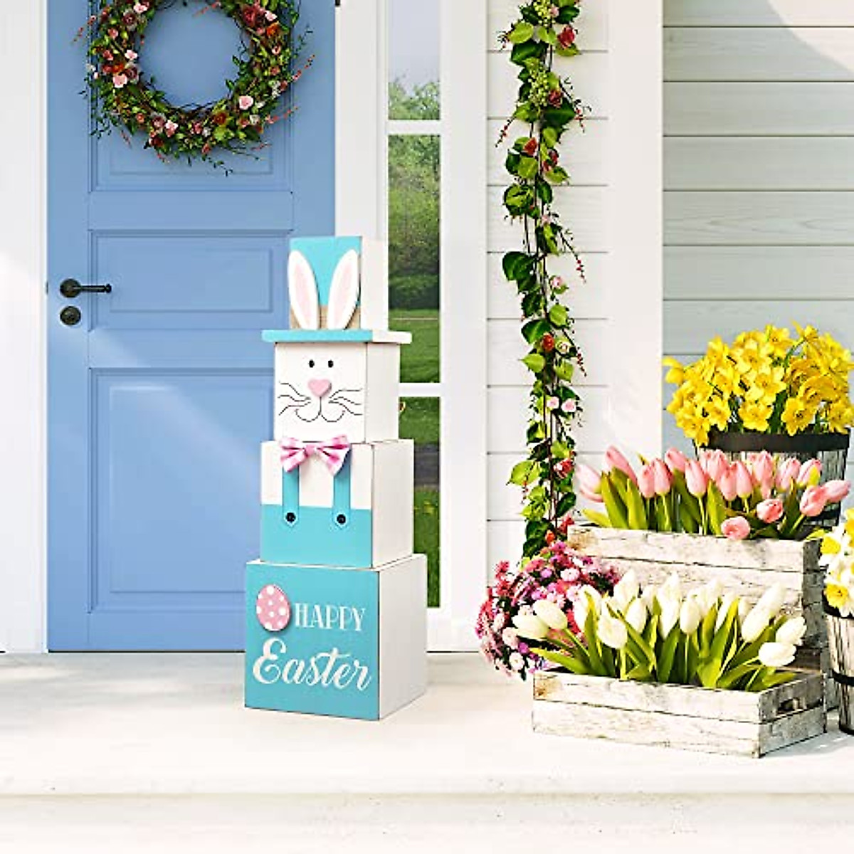 glitzhome 24.5" H Double Sided Wooden Porch Decor Easter and July 4th, Easter Bunny Uncle Sam Nesting Boxes with Lid Decorative Boxes for National Day Easter